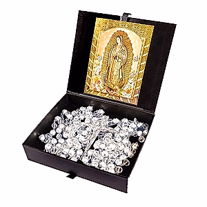 Silver Plated Deluxe Wedding lasso crystal with Jesus christ and virgen de guadalupe in a Premium gift box - lazo para bodas - Lazo de bodas de iglesia para novios - lasso for wedding ceremony - wedding lasso catholic set
