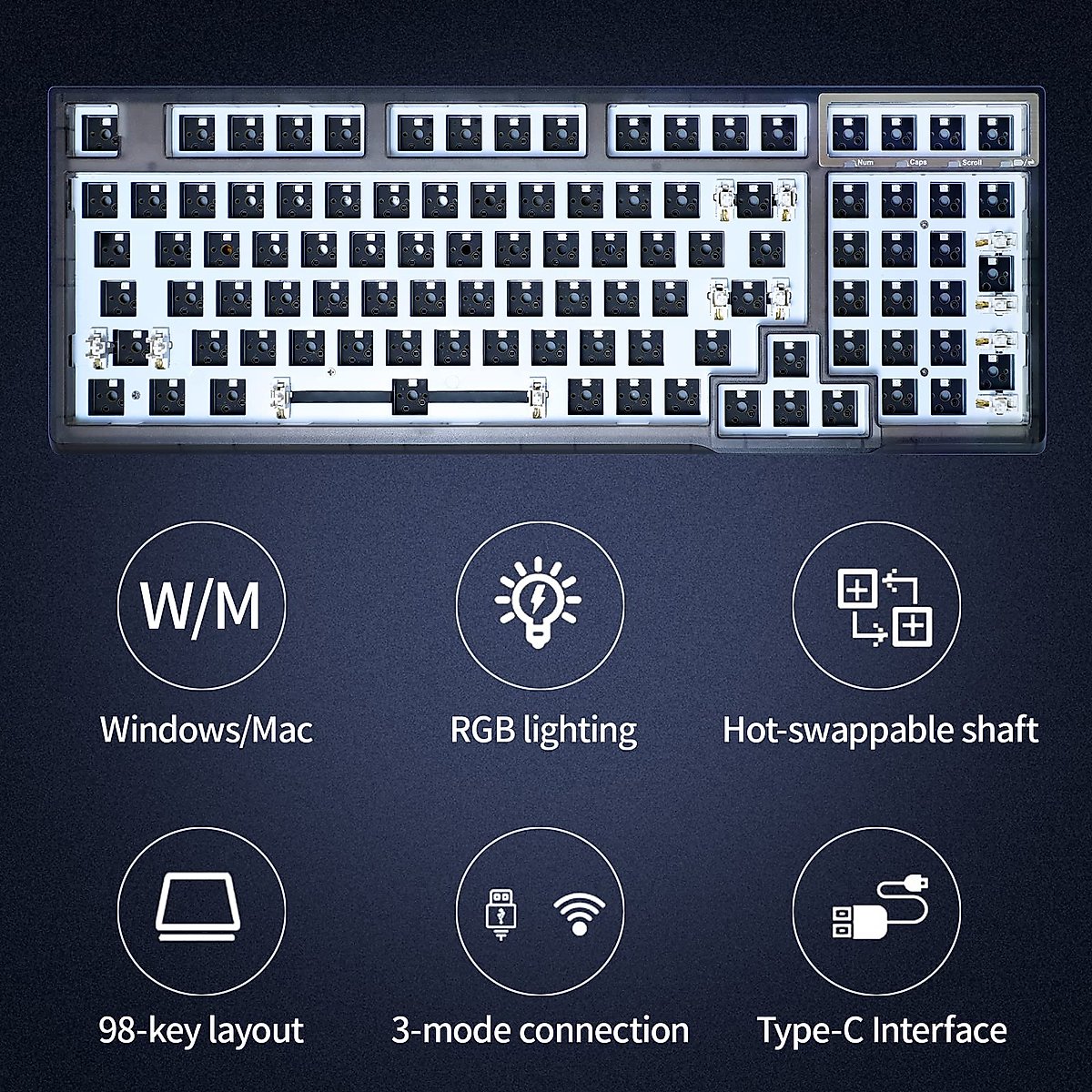 Gk98 RGB Mechanical Keyboard DIY Kit Hot-Swappable Three-Mode Wired 2.4g BT5.0 Custom Keyboard Compatible with Akko, Cherry Mx, Gateron, Kailh Mechanical Axis (Transparent Black)