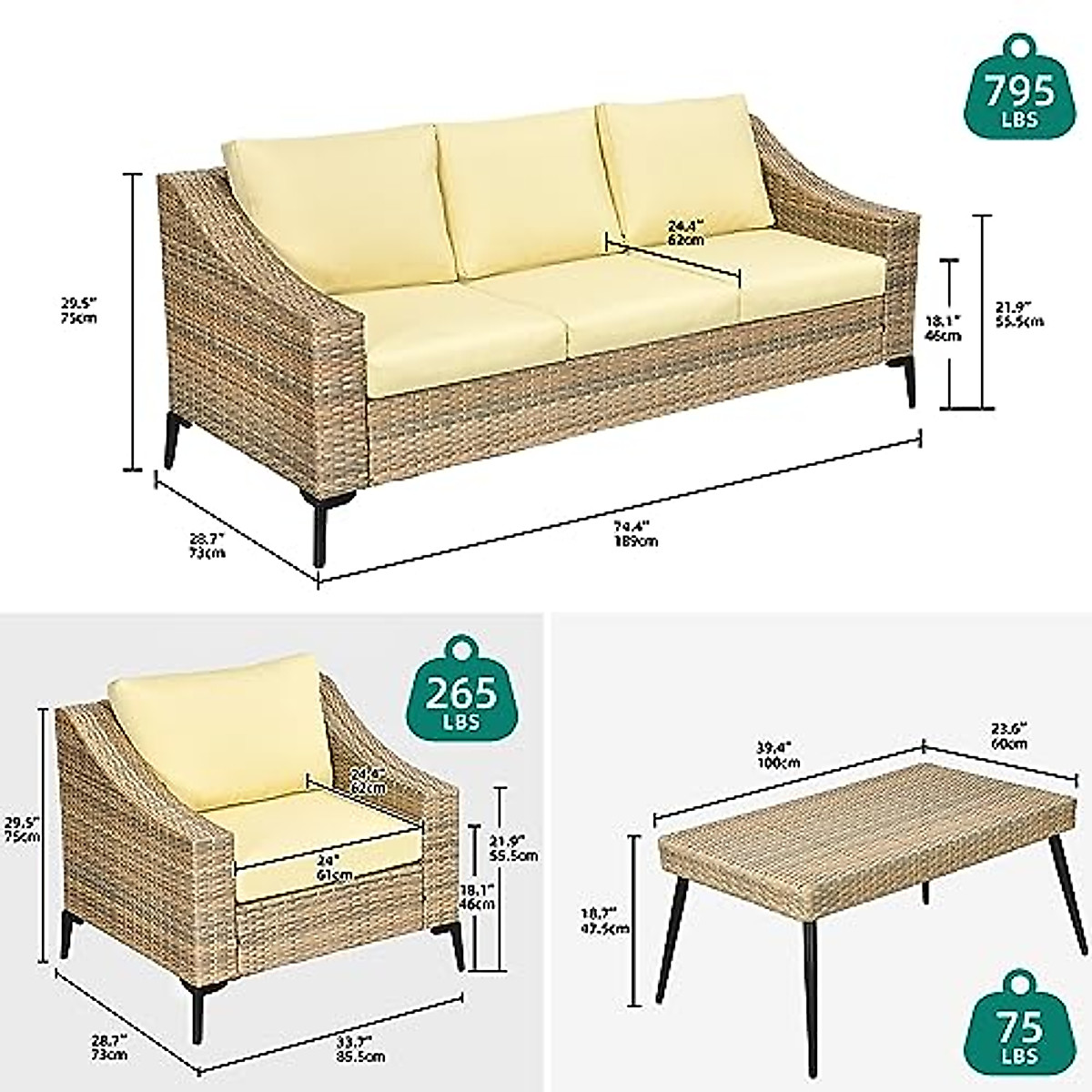 YITAHOME 4 Piece Patio Furniture Set, Outdoor Sectional Sofa PE Rattan Wicker Outside Couch with Table and Cushions, All-Weather Rattan Patio Conversation Set for Porch Lawn Garden Backyard - Khaki