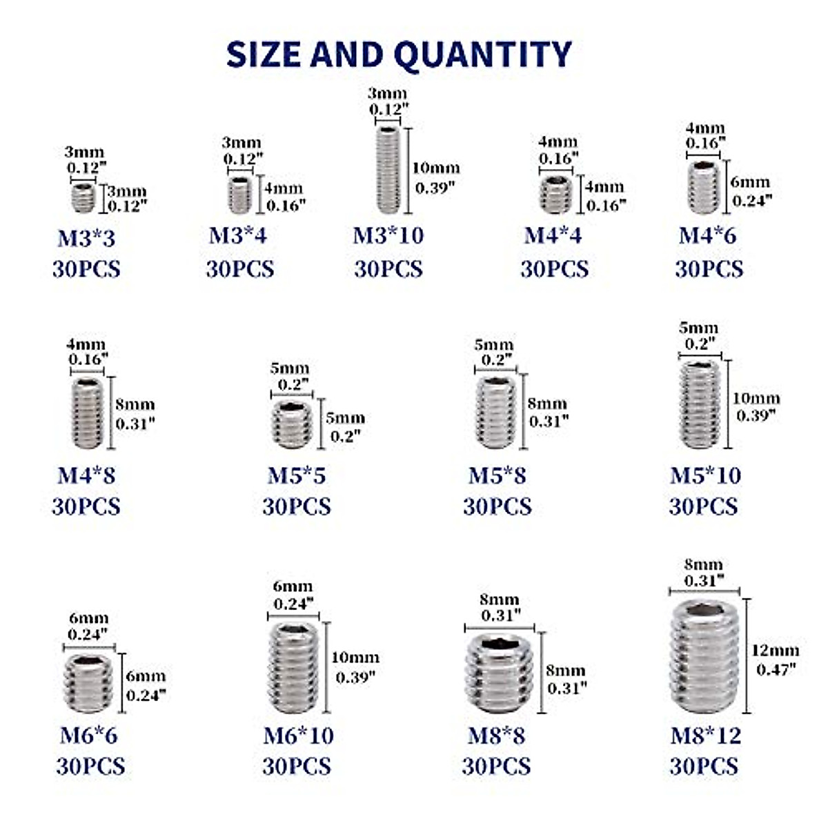 HEMEI 390Pcs M3/M4/M5/M6/M8 Hex Allen Head Socket Set Screw Assortment Kit Internal Hex Drive Flat Point 304 Stainless Steel Metric Grub Screw with 5pcs Hex Wrenches