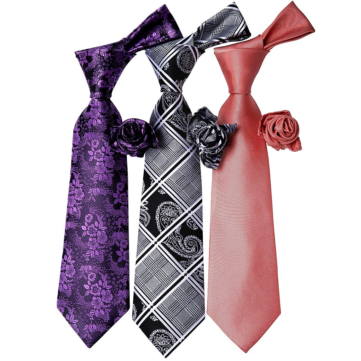 Dubulle Lot 3 PCS Classic Men's Silk Tie Set Paisley Stripe Necktie for Men Pocket Square Gift Box Multiple Sets,Purple Black Coral