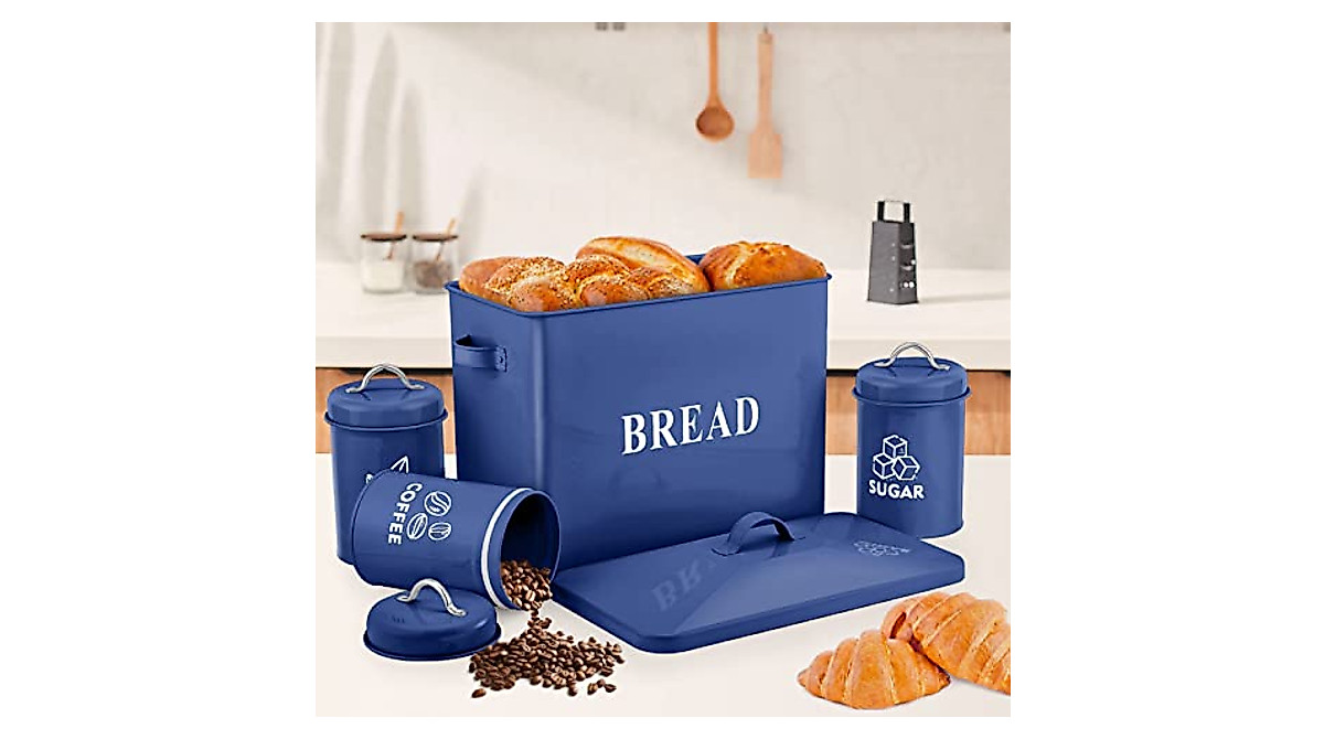 E-far Navy Blue Bread Box & Kitchen Canister Set | Farmhouse