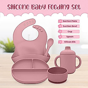 Silicone Baby Feeding Set - Food-Grade Baby Led Weaning Supplies For Toddlers - Includes Non-BPA Suction Plate with Divider, Suction Bowl, Pocket Bib, Spoon & Sippy Cup For Weaning - Pink