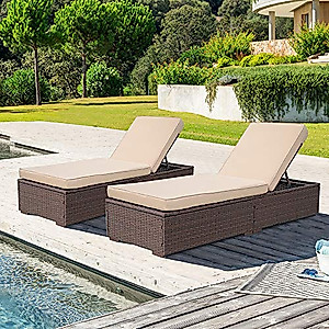 Patiorama Outdoor Patio Chaise Lounge Chair, Elegant Reclining Adjustable Pool Rattan Chaise Lounge Chair with Cushion, Brown PE Wicker, Steel Frame,Set of 2