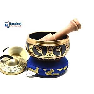 3.75" Exquisite Tibetan Singing Bowl Set for Meditation ~ Mantra Symbols Painted ~ Om Nava Sivaya Tingsha Cymbals~ Silk Cushion & Wooden Mallet Included ~Handmade in Nepal by Thamelmart