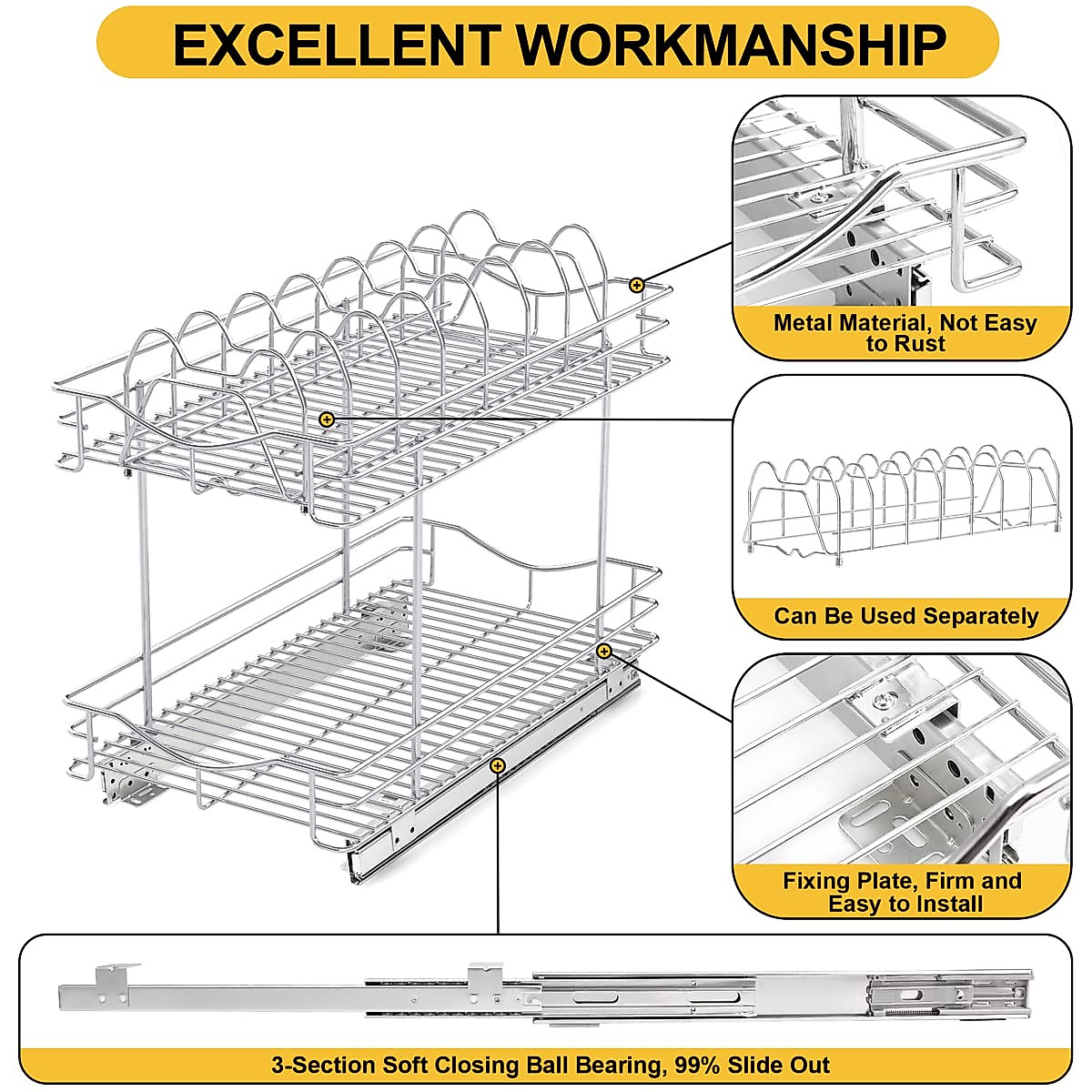 FULGENTE Pull Out Cabinet Drawer Organizer for Lid Cookware 11" W x 21" D 2 Tier Slide Out Kitchen Shelves Storage for Pots and Pans Roll Out Pot Top Shelf for Cabinet Wire Frame Chrome Finish