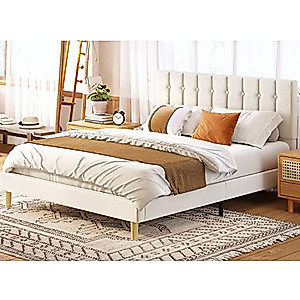 LIKIMIO Queen Bed Frame with Headboard, Velvet Upholstered Platform Beds with Strong Wooden Slats/Mattress Foundation/Easy Assembly, Beige