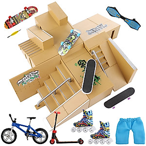 TIME4DEALS Fingerboard Skate Park Set 18 Pcs - Finger Skateboard Deck Ramp Set 8 Pieces Bigger & Mini Finger Toys Kit Handboards Scooter Skates Bike Caster Board Skateboards for Kids Gifts