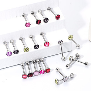 Drperfect 30pcs Fancy Words Pictures Logo Stainless Steel Straight Barbells Tongue Rings Bars Piercing Jewelry