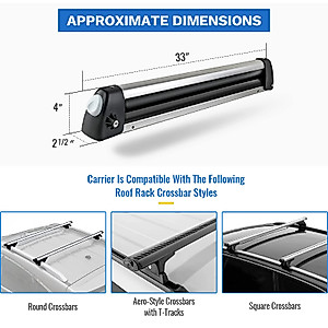 AA Products Inc. 33'' Aluminum Universal Ski Roof Rack Fits 6 Pairs Skis or 4 Snowboards, Ski Roof Carrier Fit Most Vehicles Equipped Cross Bars