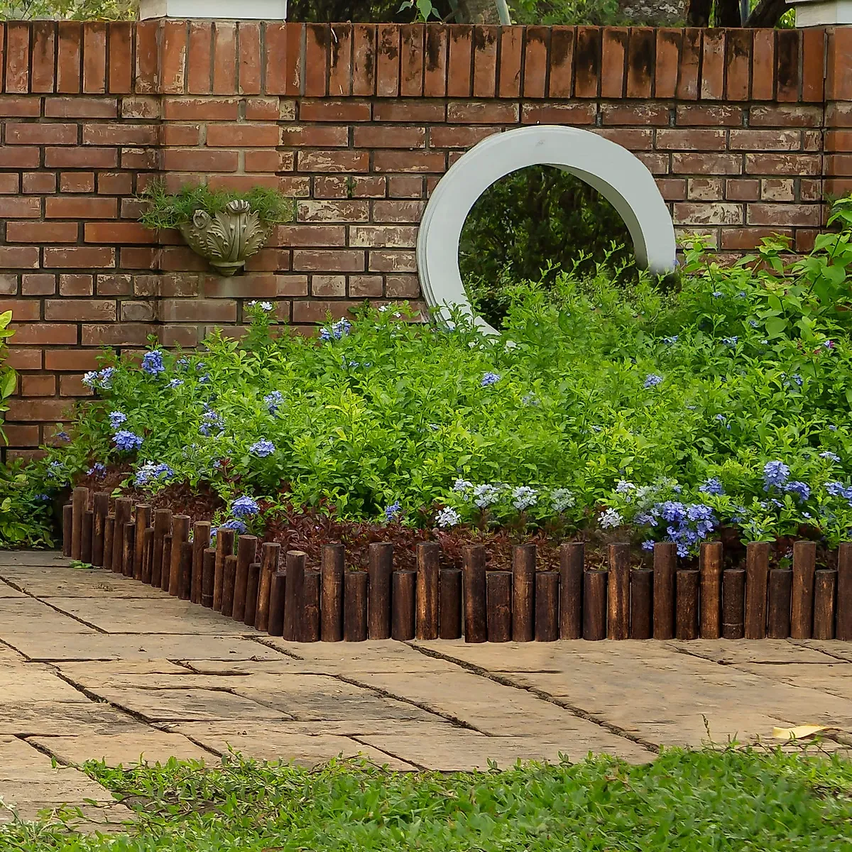 Worth Garden Log Rolls Wooden Short Fence Border - 6.5 in. H x 47 in. L Burnt Wood Finish Outdoor Garden Lawn Landscape Edging Flexible Decorative Heavy-Duty Tree Fence Border - Yard Maintenance