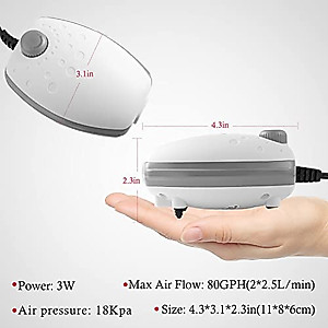 FEDOUR 80GPH Aquarium Air Pump, 3W Silent Adjustable Aquarium Bubbler, Powerful Oxygen Pump for Fish and Turtle Tank up to 120 Gallon