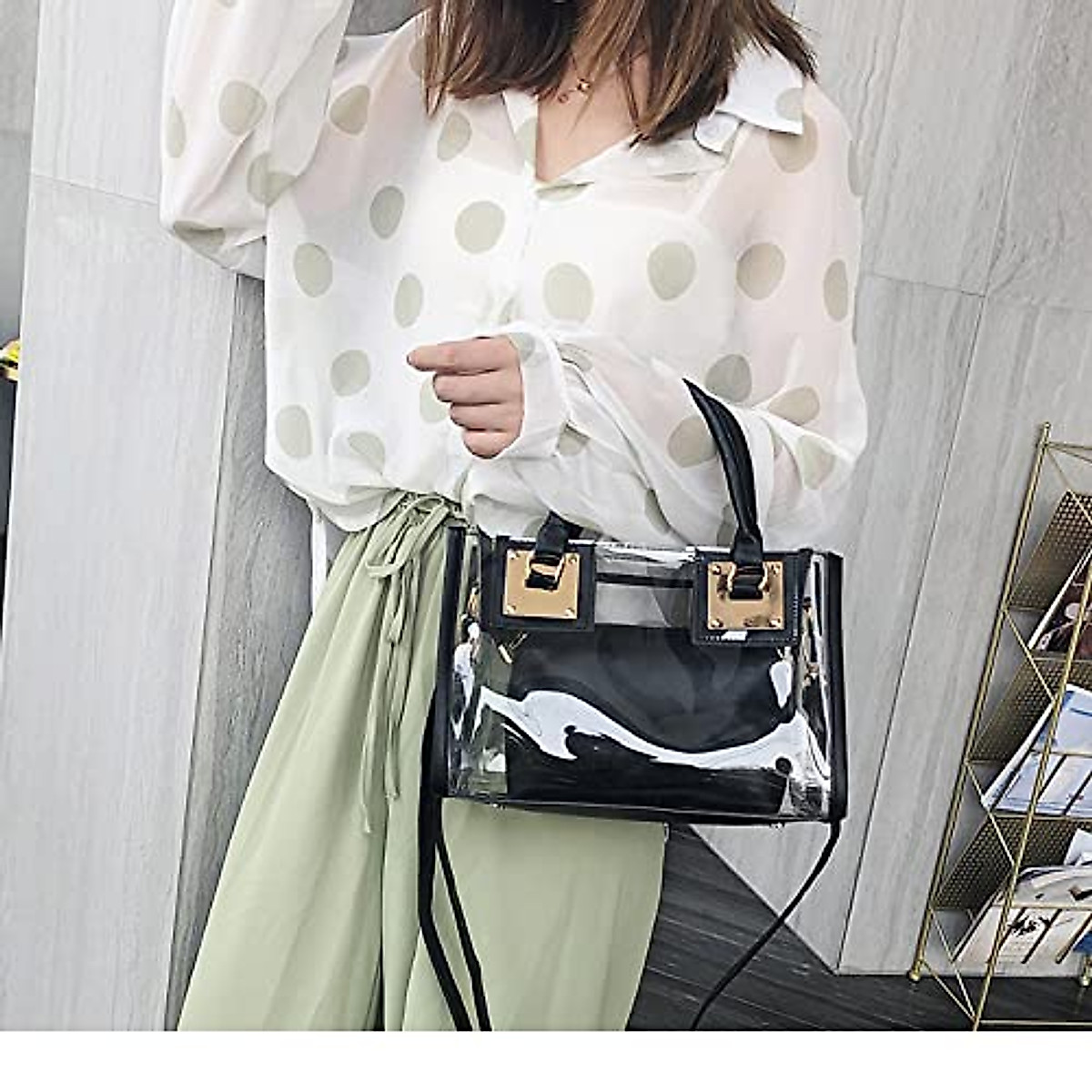 Cooba 2Pcs Women Clear Jelly Tote Beach Crossbody Transparent Messenger Shoulder Bag Handbag, Black, One_Size