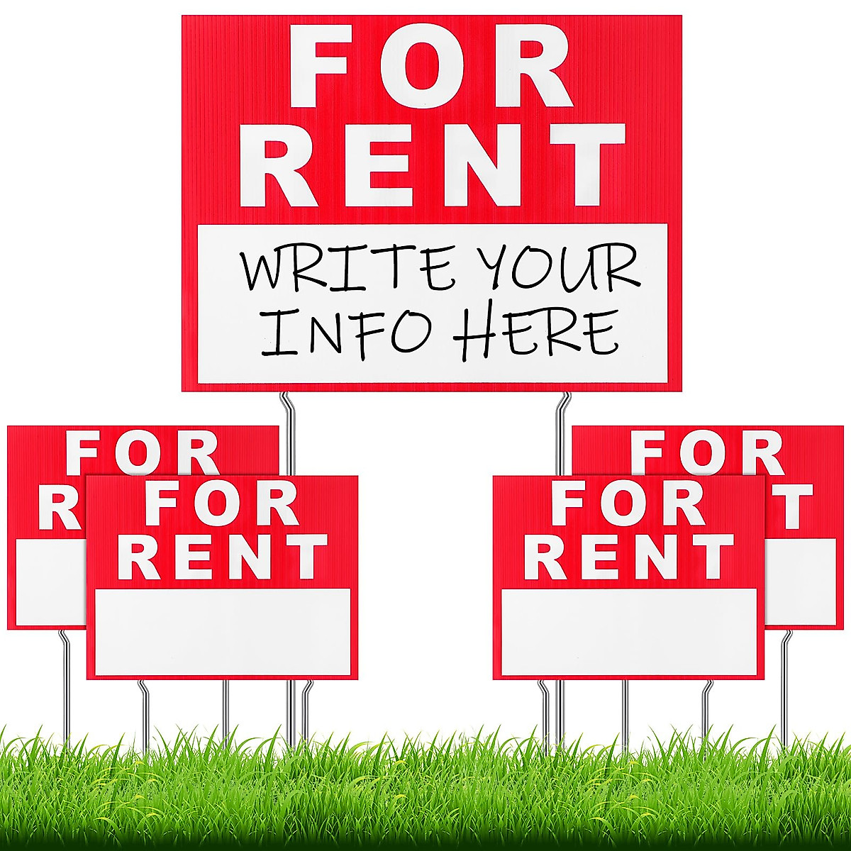 Ripeng 4 Pcs 17 x 13 Inch for Rent Sign with Stand Double Sided Corrugated Plastic Red White for Lease Sign with 8 Pcs Tall Iron Stands for Outdoor House Business Rental Car Apartment (17 x 13 Inch)