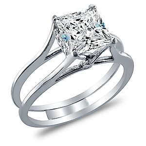 Size 7 - Solid 925 Sterling Silver Bridal Set Princess Cut Solitaire Engagement Ring with Matching Channel Set Wedding Band CZ Cubic Zirconia 2.0ct. With Elegant Velvet Ring Box