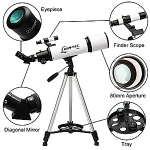 ABOTEC Telescope, 80mm Aperture Telescopes for Adults Astronomy & Kids & Beginners, Portable 500mm Refracting Telescope (25X-250X) with an Adjustable Tripod, a Bag, a Phone Adapter & a Wireless Remote