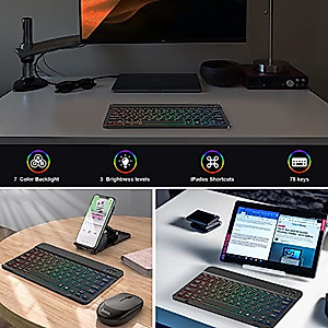 Ultra-Slim Wireless Bluetooth Keyboard, Upgrade 7 Colors Rainbow Backlit Rechargeable Keyboard, Universal Mini Portable Keyboard for iPad Mac Samsung Tablets Phones Computer Laptops PC, Black
