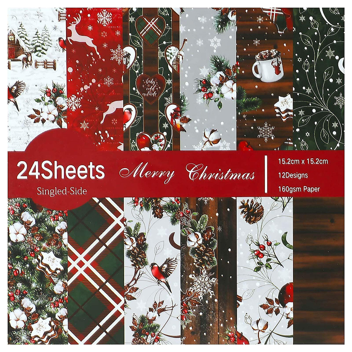 PUIKSXER 6"x6" Merry Christmas Scrapbook Paper Pad, 24 Sheets Plaid Snowflake Deer Pinecone Wood Texture Pattern Paper Single-Sided Holiday Craft Paper for Junk Journal Card Making Album Party Decor