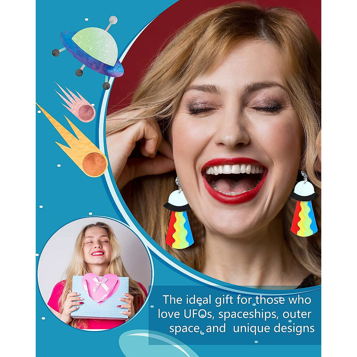 Yinkin 10 Pairs UFO Aliens Earrings for Women Space Weird Acrylic Earrings Flying Saucer Dangle Earrings Novelty Fun Glitter Cute Earrings Jewelry for Women, Multiple Colors