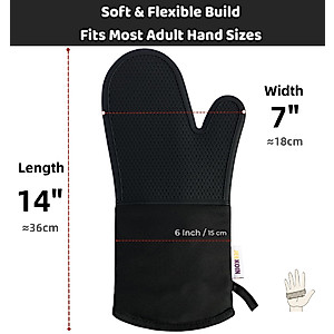 JEEKOIN Professional Oven Mitts Flexible and Durable, Honeycomb Silicone Oven Mitt Heat Resistant 581, Extra Long Cooking Protection BBQ Gloves, Non-Slip Pot Holders, BPA-Free, 14 Inch 1 Pair, Black