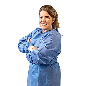 200-Pack Level 2 Disposable Isolation Gown Baluster Fully Closed Double Tie Neck and Waist, SMS 35g, Knitted Cuffs, Fluid Resistant, Blue, Unisex