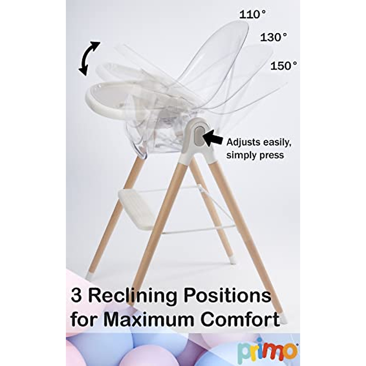 Primo Vista 3-in-1 Convertible High, Toddler, & Rocking Chair, Clear, Transparent Seat, Grows with Child, Modern Style, Adjustable Wooden Legs, Easy to Use, Assemble, Safe & Sturdy, 21.5 x 25 x 40.5"