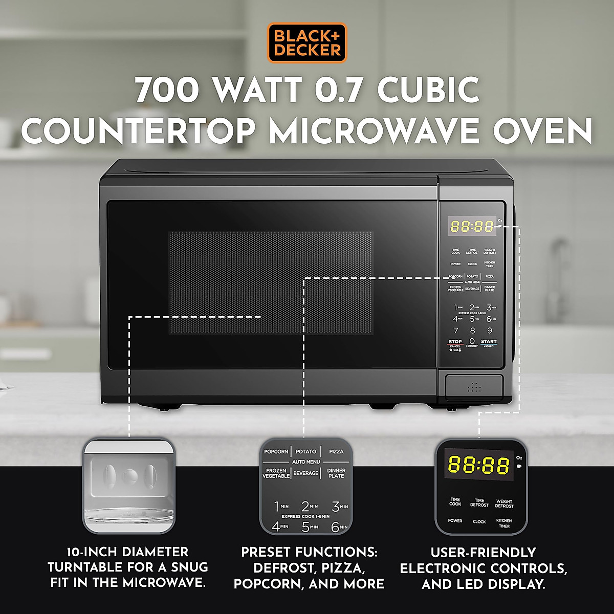Black+Decker 700 Watt Compact LED Display Countertop Small Microwave Oven with 10 Inch Turntable and 6 Preset Menu Buttons, Matte Black