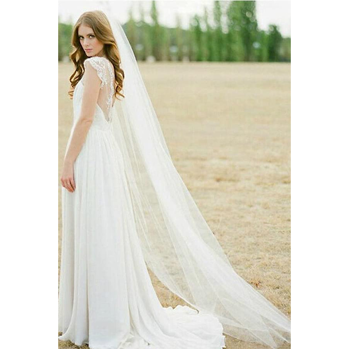 Latious 1 Tier Bride Wedding Veil White Long Cathedral Bridal Tulle Veils with Comb Simple Drop Veils for Women and Brides (1-White)