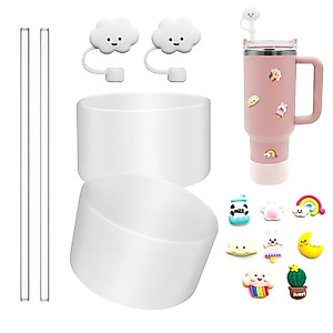 Bougimal Straw Cover Fit for Stanley Quencher H2.0 40 oz 30 oz Tumbler with Handle & Stanley IceFlow 20oz 30oz, Rainbow Sticker, Protective Silicone Cup Boots, Stanley Cup Accessories, Transparent