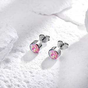 VOJO G23 Titanium Cubic Zirconia Opal Birthstone Tiny Stud Earrings for Women Sensitive Ears Hypoallergenic Earring Studs Jewelry Gifts (6mm, Opal Pink)