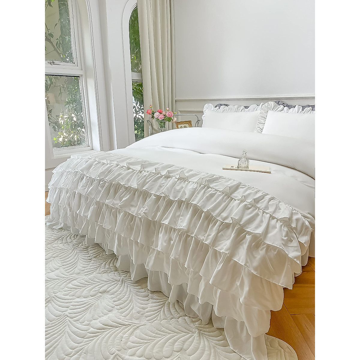MOOWOO Waterfall Ruffle Duvet Cover Queen,3 Piece White Shabby Chic Bedding Solid Color Soft and Breathable with Zipper Closure & Corner Ties