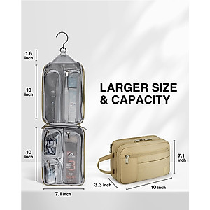 BAGSMART Travel Toiletry Bag, Toiletry Bag for Women and Men with Hanging Hook, Water-resistan Dopp Kit Door Room Essentials Makeup Cosmetic Bag, Shaving Bag Organizer for Traveling, Camping Khaki