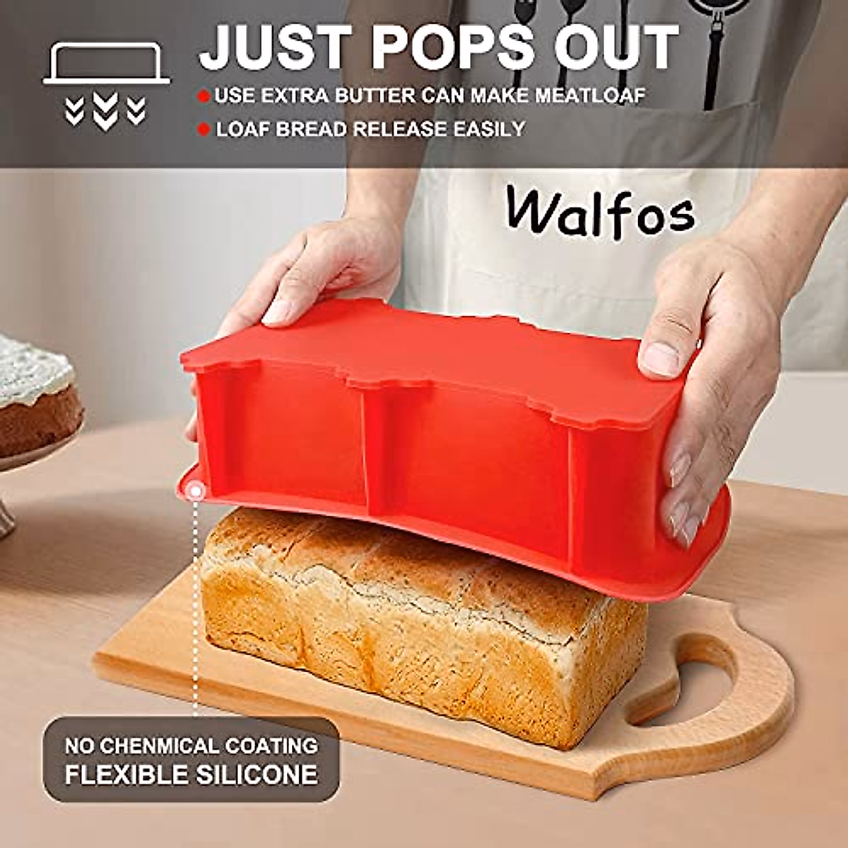 Walfos Silicone Loaf Pan - Non-Stick Silicone Bread Pan, Just PoP Out! Perfect for Bread, Cake, Brownies, Meatloaf, BPA Free & Dishwasher Safe