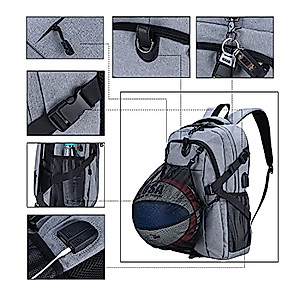 Widfre Basketball Backpack with USB Charging Port, Durable Men's Laptop Backpack for Outdoor with Ball Compartment (Gray)
