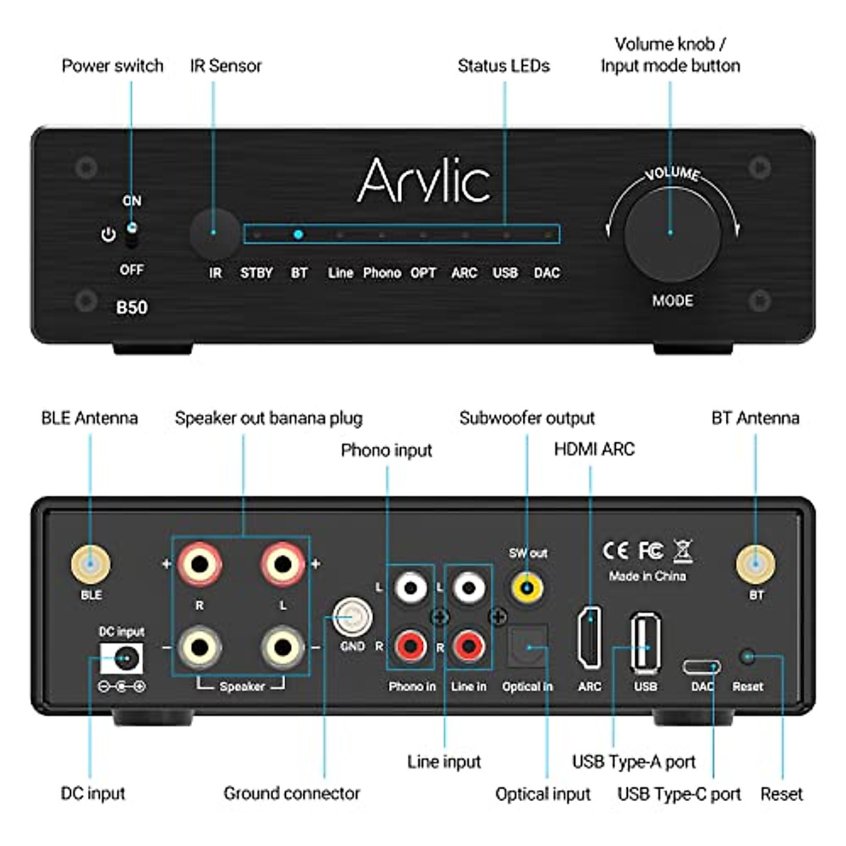 Arylic B50 Bluetooth aptX HD Stereo Amplifier with Audio Transmitter, 2 Channel 50W*2 Amplifier with HDMI ARC, Phono in and Free GO Control APP.Support 192Khz/24bits HD Music Transmission & Reception.