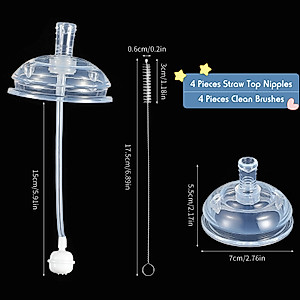 4 Pieces Baby Bottle Nipples (12m+) Medium Flow Silicone Straw Top Nipple Sippy Spout Replacement Nipples and 4 Pieces Cleaning Brushes for 2.8 Inch Diameter Baby Bottle | No BPA | Spillproof