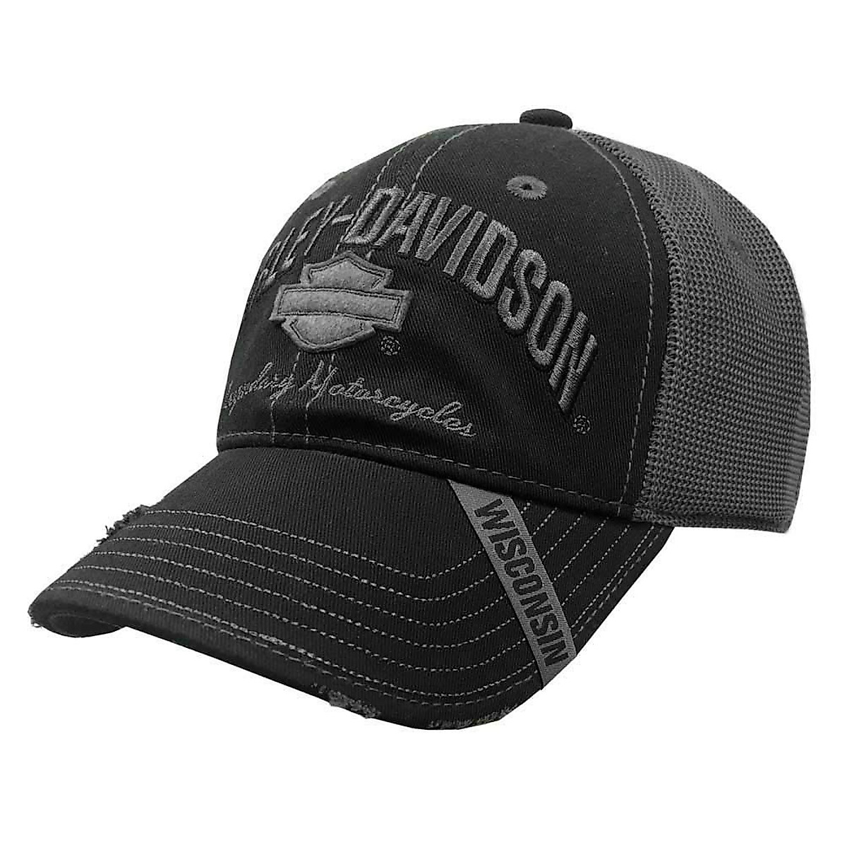 Harley-Davidson Men's Baseball Cap, H-D Bar & Shield Mesh Hat w/Distrssed Bill Black