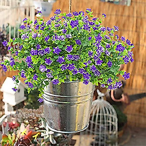 Grunyia 10 Bundles Artificial Fake Flowers, Faux Outdoor Plastic Plants UV Resistant Shrubs Outside Indoor Decorations (Blue-Eucalyptus)