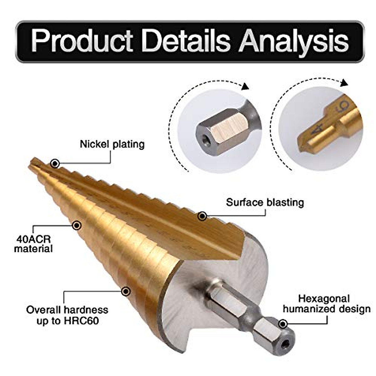 HOHXEN 1/4 Hex Shank Titanium Step Drill Bit High Speed Steel 15 Steps Hex Shank 4-32MM