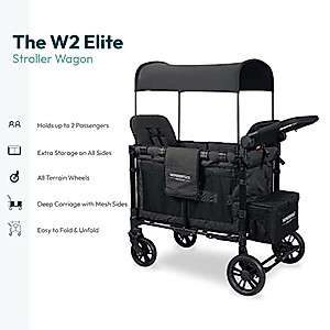 WONDERFOLD W2 Elite Double Stroller Wagon Featuring 2 High Face-to-Face Seats with 5-Point Harnesses, Adjustable Push Handle, and Height Adjustable UV-Protection Canopy, Volcanic Black