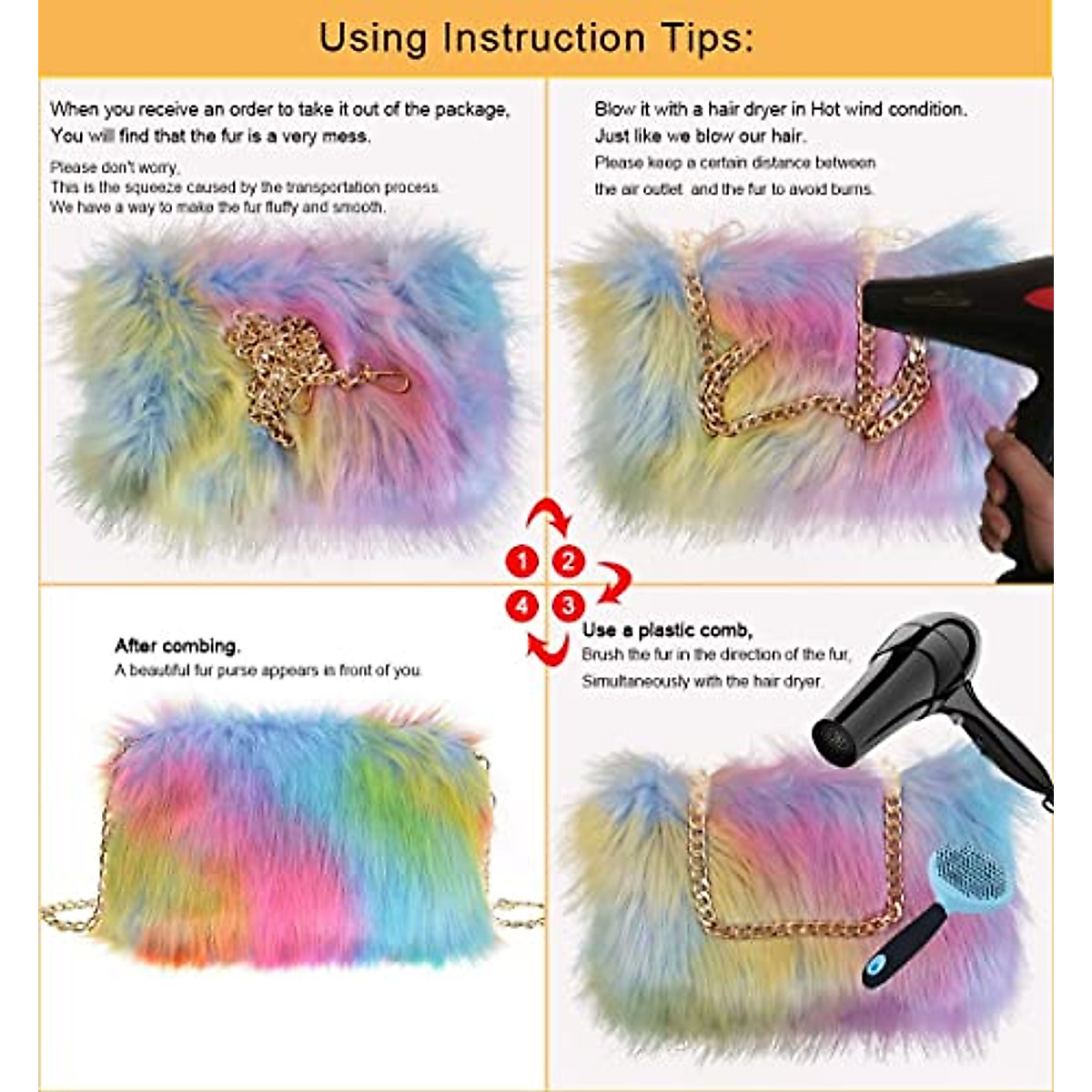 FHQHTH Faux Fox Fur Purse Fuzzy Handbags for Women Evening Handbags Al alloy Shoulder Strap [Black]