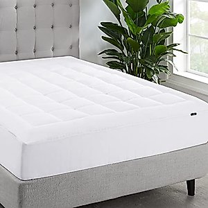 SERTA ComfortSure Breathable Elastic Dobby Check Quilted Pillow Top Mattress Pad Cover with 18" Deep Pocket for All Season, White, King