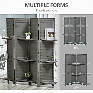 HOMCOM 4 Panel 67" Tall Wood Privacy Screen Room Divider with 3 Display Shelves, and Folding Storage for Bedroom or Home Office, Grey