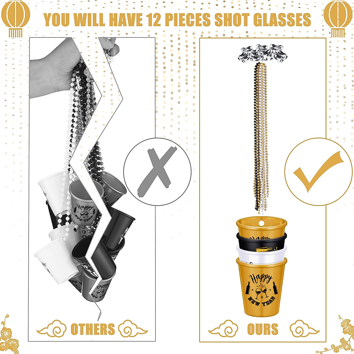 12 Pieces Happy New Year Shot Glass Beaded Necklace Plastic Shot Necklace Cups New Years Party Shot Glasses Necklace Favors for Adults and Teens New Year's Party Family Gathering Supplies, 3 Colors