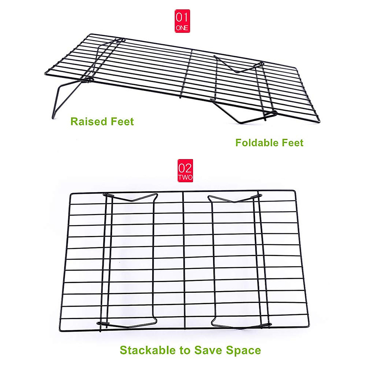 3 Tier Non Stick Cake Cooling Rack - Oven Safe, Heat Resistant, Space Saving Stackable Wire Tray with Collapsible Legs for Roasting, Cooking, Grilling, Drying, Plus Multi-use Basting Brush, 10x16 in