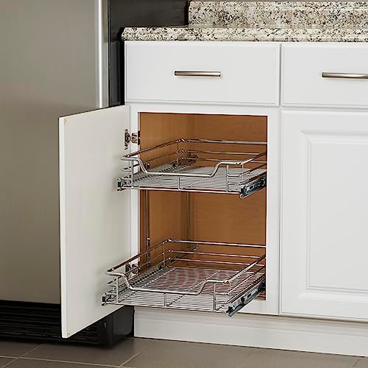 Household Essentials Glidez Slide Out Cabinet Organizer, 14.5” Wide, Durable Chrome-Plated Steel Frame, Dual Baskets and Smooth Glides, Heavy-Duty and Space-Optimizing, Simple Assembly and Installation, Chrome