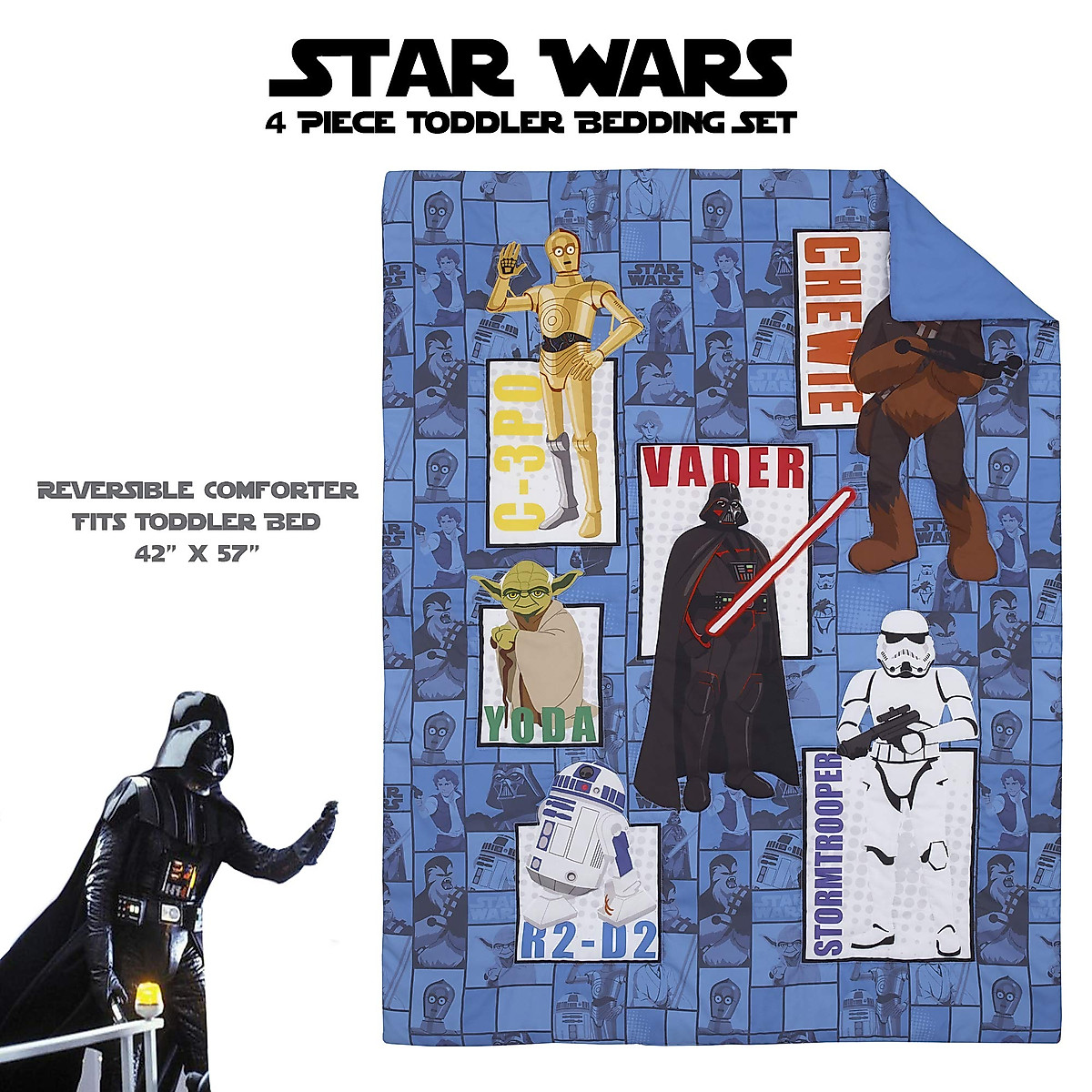 Disney Star Wars Galaxies Await 4 Piece Toddler Bedding Set Fitted Sheet, Pillow Case, Top Sheet, and Comforter Quilt - Blue
