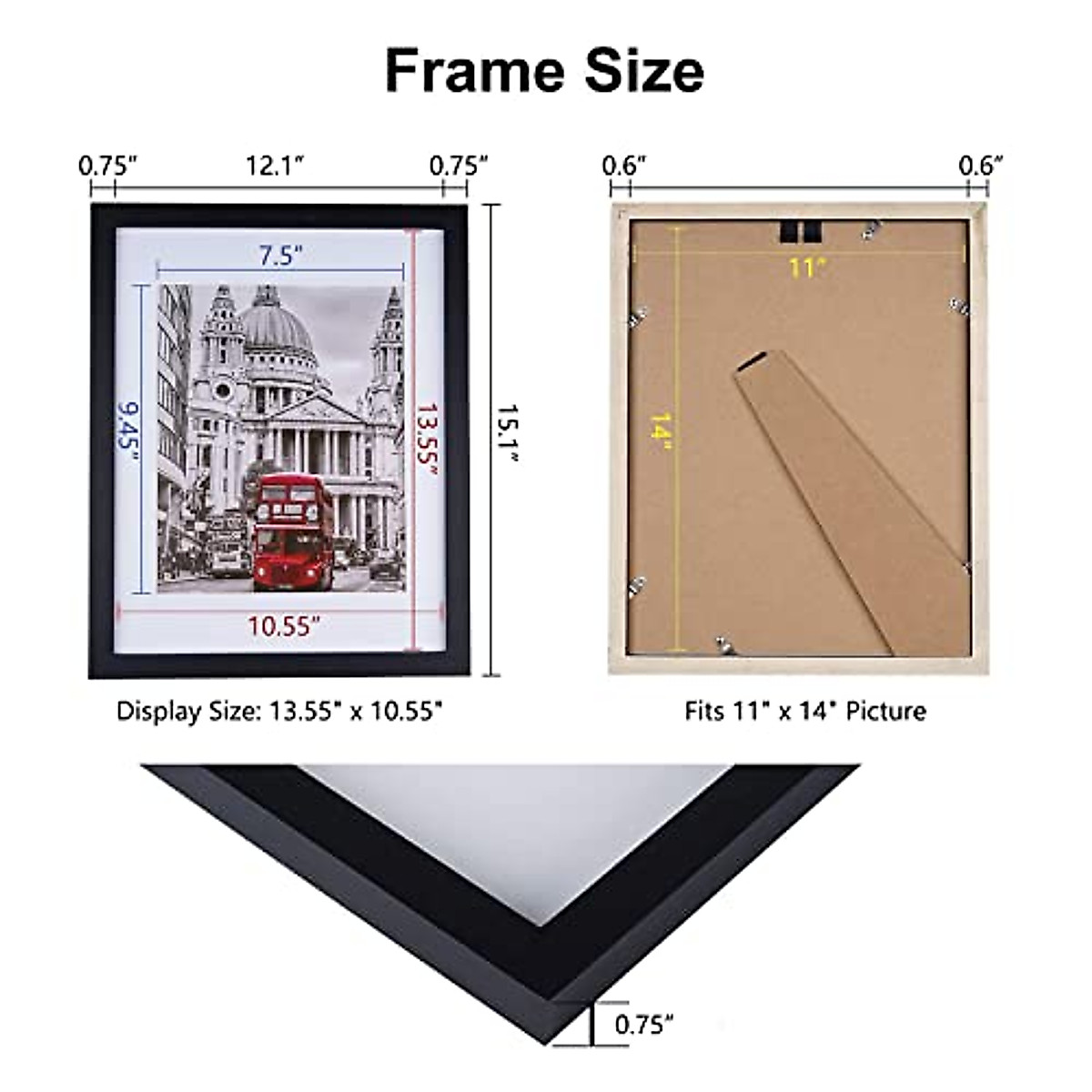 11x14 Picture Frame Set of 6, Display 8x10 Pictures with Mat or 11x14 without Mat for Tabletop Display and Wall Hanging, Classic Simple Photo Frames for Wall Gallery Home Office Decor, Black