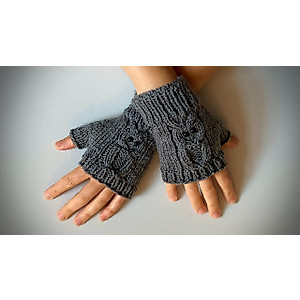 Hand Knit Adult Owl Fingerless Gloves Mittens Mitts – Knitted Granny Gloves with Owls for Warm Hands – Handmade Gift for Women Wife Girlfriend – Handcrafted Hand Warmers (Small, Red)