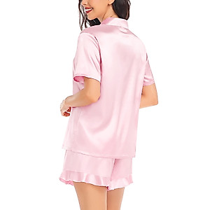 SWOMOG Womens Silk Pajamas Short Sleeve Sleepwear Soft Satin Button Down Loungewear 2 Piece PJs Shorts Set Pink